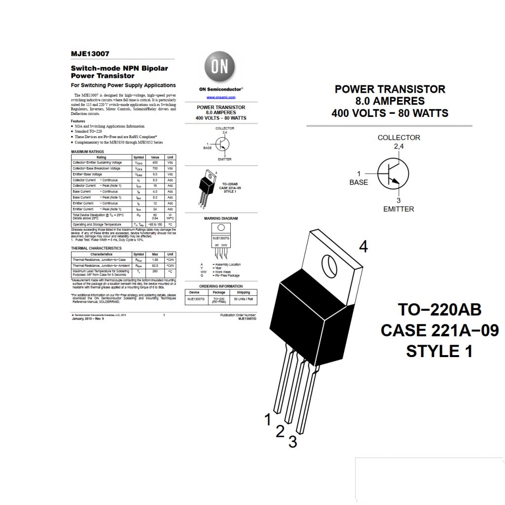 Transistor MJE13007 NPN Bipolar 400V 8A 80Watt TO-220 - yorobotics
