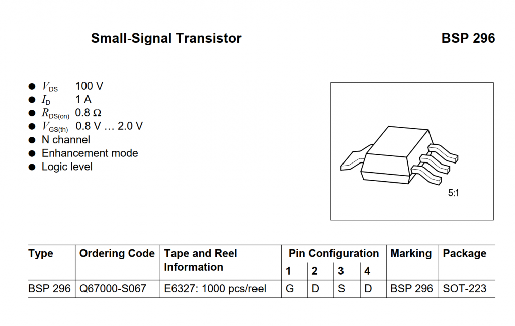 Transistor Mosfet Pequeña Señal Bsp296 Smd SOT-223 100V 1A - yorobotics
