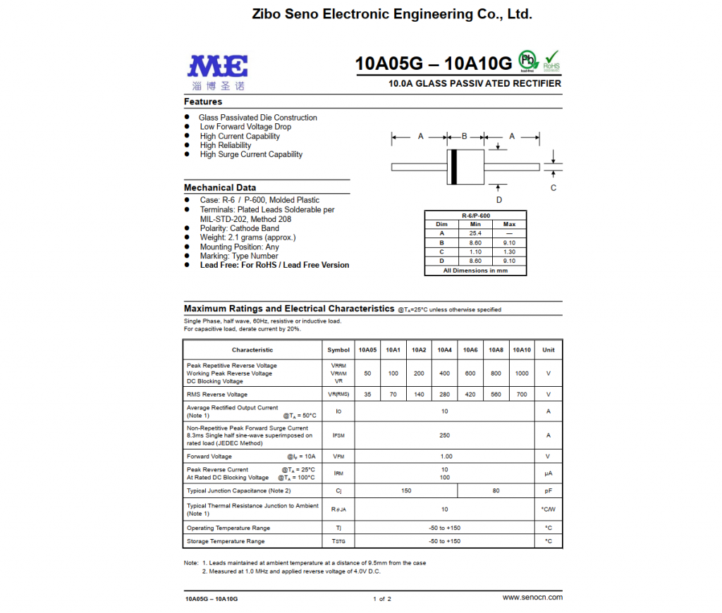 Diodo Rectificador 10A10 R-6 DIP 1000V 10A x 5 Unidades - yorobotics