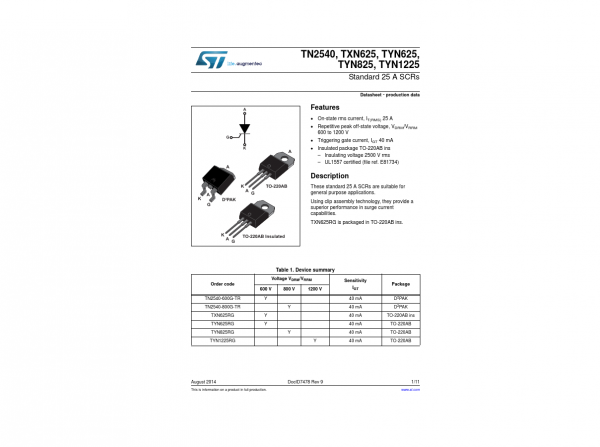 Transistor Tiristor Scr TYN1225 ST TO-220 1200V 25A - yorobotics